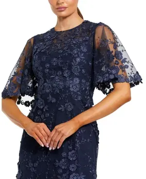 Mac Duggal Flutter Sleeve Floral Embroidered Net Gown - Midnight
