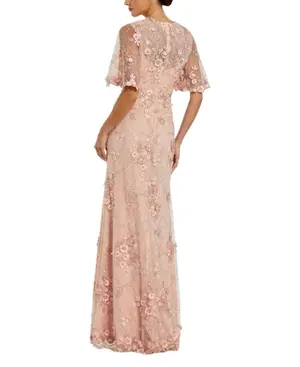 Mac Duggal Flutter Sleeve Floral Embroidered Net Gown - Rose