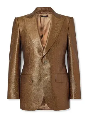 TOM FORD Slim-fit Croc-effect Coated Wool-blend Tuxedo Jacket - Brown