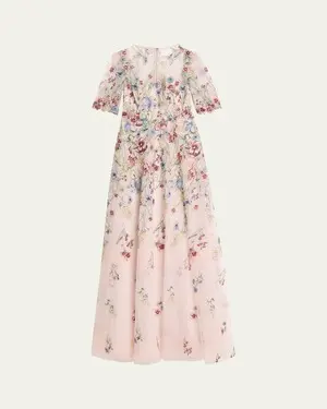 Rickie Freeman For Teri Jon Floral-embroidered Tulle Gown - Blush Multi