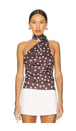MORE TO COME Rialta Polka Dot Halterneck Top - Brown & White