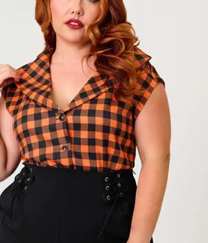 Unique Vintage 1960s Twill Sleeveless Blouse - Orange Gingham
