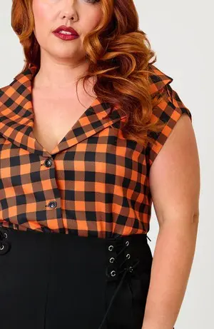 Unique Vintage 1960s Twill Sleeveless Blouse - Orange Gingham