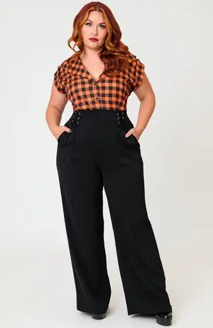 Unique Vintage 1960s Twill Sleeveless Blouse - Orange Gingham