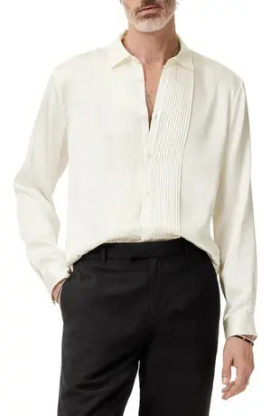 John Varvatos Pleated Front Silk Button-up Shirt - White