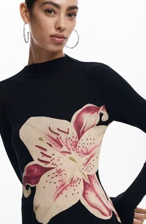 Desigual Lilly Print Long Sleeve Rib Midi Sweater Dress