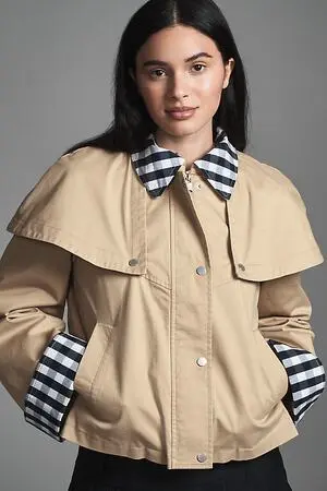 Avec Les Filles Gingham Trim Cape Jacket - Beige