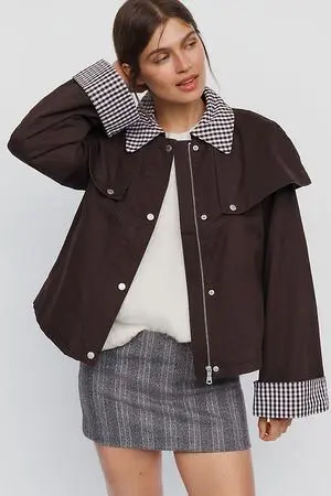 Avec Les Filles Gingham Trim Cape Jacket - Java Brown