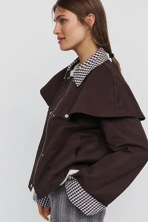 Avec Les Filles Gingham Trim Cape Jacket - Java Brown