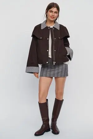 Avec Les Filles Gingham Trim Cape Jacket - Java Brown