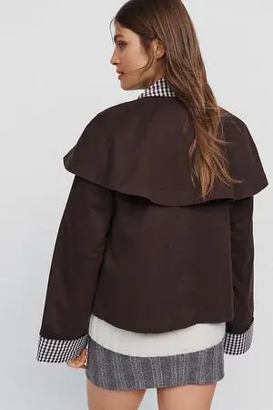 Avec Les Filles Gingham Trim Cape Jacket - Java Brown
