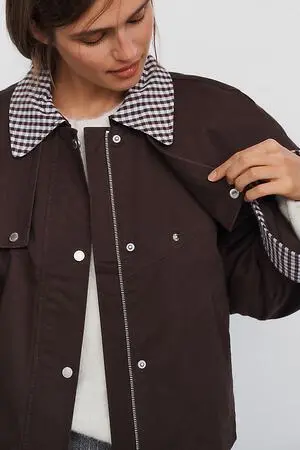 Avec Les Filles Gingham Trim Cape Jacket - Java Brown