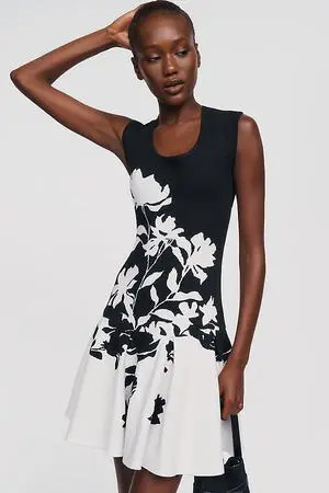 Maeve MAEVE Beca Ribbed Sweater Fit & Flare Mini Dress Black & White Pattern