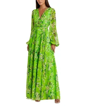 Mac Duggal Puff Sleeve Floral Chiffon Gown - Green Multi