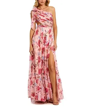 Mac Duggal One-shoulder Gown With Floral Print And Side Slit - Blush Multi