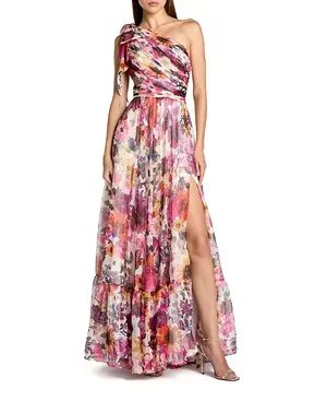 Mac Duggal One-shoulder Gown With Floral Print And Side Slit - White Multi