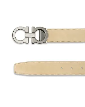 FERRAGAMO Double Gancini Suede Belt - Stone