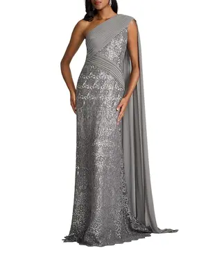 Tadashi Shoji Eamon Draped Sleeve Sequin Embroidered Gown