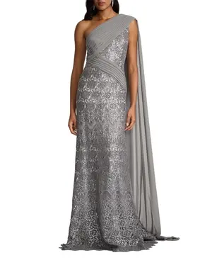 Tadashi Shoji Eamon Draped Sleeve Sequin Embroidered Gown