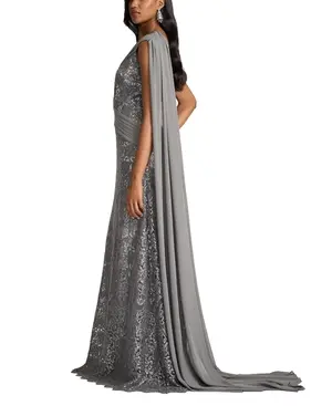 Tadashi Shoji Eamon Draped Sleeve Sequin Embroidered Gown