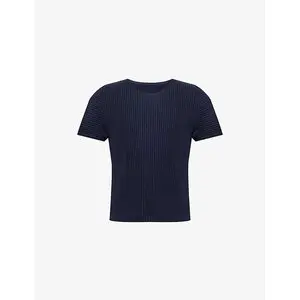 Issey Miyake Round-neck Pleated Knitted T-shirt - Navy