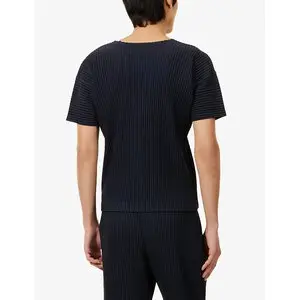 Issey Miyake Round-neck Pleated Knitted T-shirt - Navy