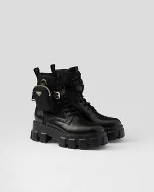 Prada Monolith Leather And Re-nylon Combat Boots With Pouch