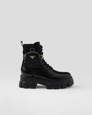 Prada Monolith Leather And Re-nylon Combat Boots With Pouch
