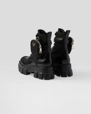 Prada Monolith Leather And Re-nylon Combat Boots With Pouch