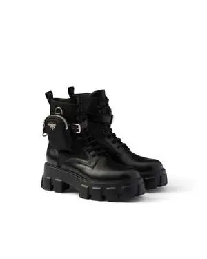 Prada Monolith Leather And Re-nylon Combat Boots With Pouch - Black