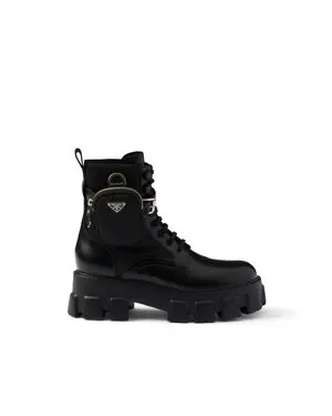 Prada Monolith Leather And Re-nylon Combat Boots With Pouch - Black