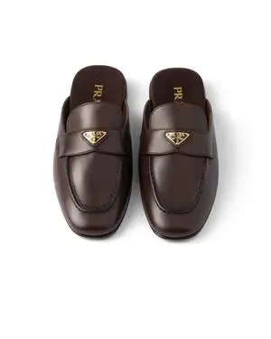 Prada Leather Slippers With Enameled Triangle Logo - Brown