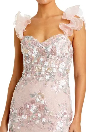 Mac Duggal Embroidered Lace Floral Gown With Ruffle Straps - Pastel Multi