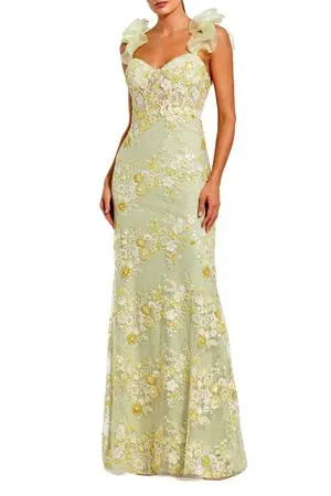 Mac Duggal Embroidered Lace Floral Gown With Ruffle Straps - Sage Multi