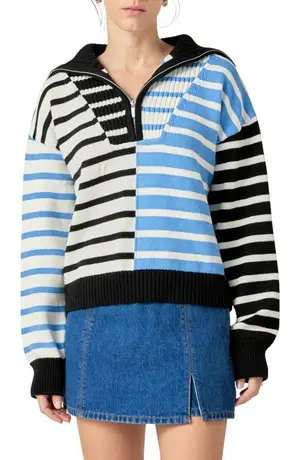 English Factory Striped Half Zip Pullover - Powder Blue/ Black
