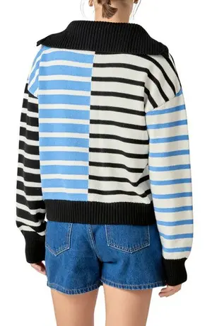 English Factory Striped Half Zip Pullover - Powder Blue/ Black