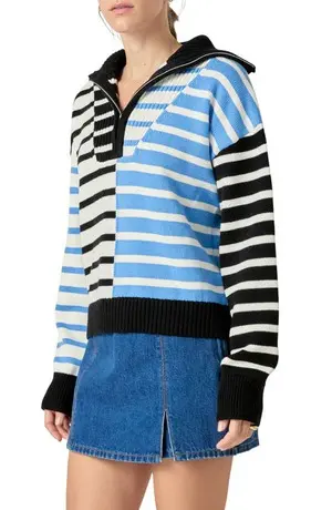 English Factory Striped Half Zip Pullover - Powder Blue/ Black
