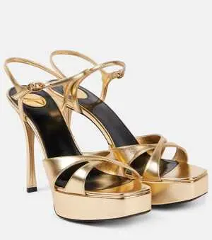 Saint Laurent Debbie 85 Metallic Leather Platform Sandals - Gold
