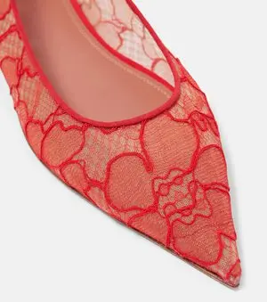 Amina Muaddi Barbara Lace Pointed Toe Ballet Flats - Red