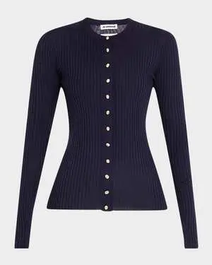 JIL SANDER Silk Ribbed Crewneck Cardigan