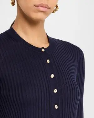 JIL SANDER Silk Ribbed Crewneck Cardigan - Midnight