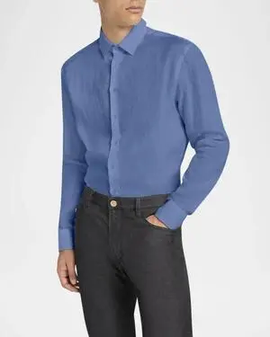 Giorgio Armani Apos;s Classic Solid Linen Sport Shirt - Medium Blue