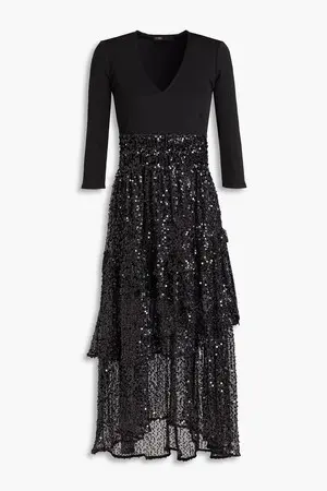 Maje Sequined Tiered Midi Dress