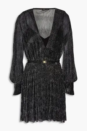 Maje Wrap-effect Belted Metallic Knitted Mini Dress - Silver