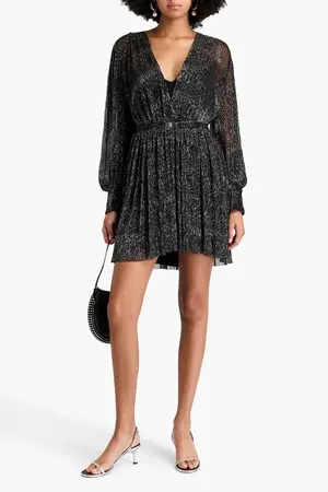 Maje Wrap-effect Belted Metallic Knitted Mini Dress - Silver
