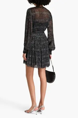 Maje Wrap-effect Belted Metallic Knitted Mini Dress - Silver