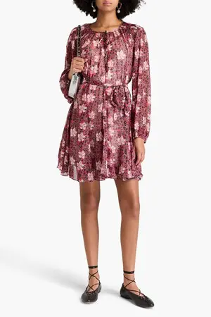 Maje Pleated Metallic Floral-print Chiffon Mini Dress