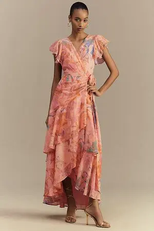 HUTCH Cezza Flutter-sleeve Ruffled Wrap Maxi Dress