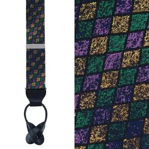 Trafalgar Carnival Diamond Silk Button End Suspenders - Purple/ Green/ And Yellow