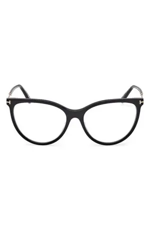 TOM FORD 56mm Cat Eye Optical Glasses - Black / T Logo / Blue Block